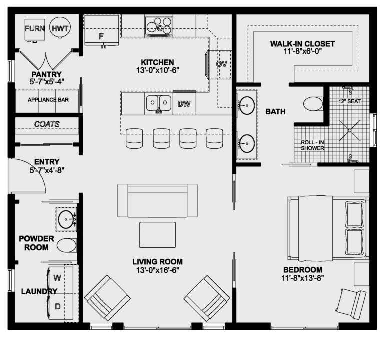 Small Plan - 896 Square Feet, 1 Bedroom, 1.5 Bathrooms | Floor Plan ...