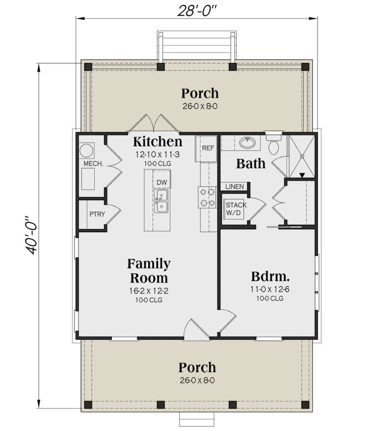 Modern Farmhouse Plan: 672 Square Feet, 1 Bedroom, 1 Bathroom - 009-00340