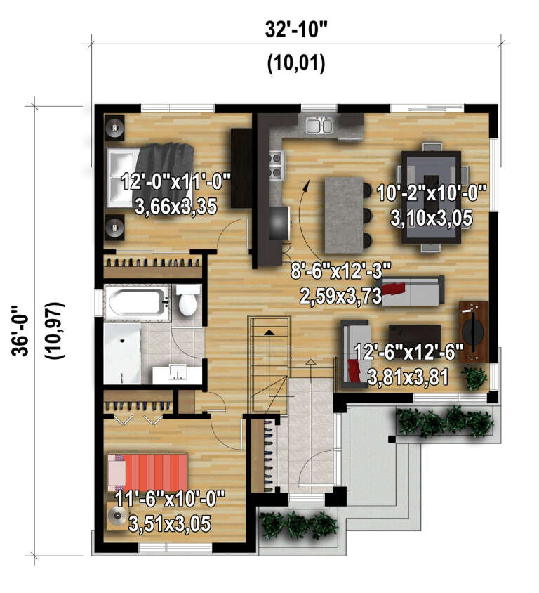 Modern Plan - 983 Square Feet, 2 Bedrooms, 1 Bathroom | Floor Plan ...