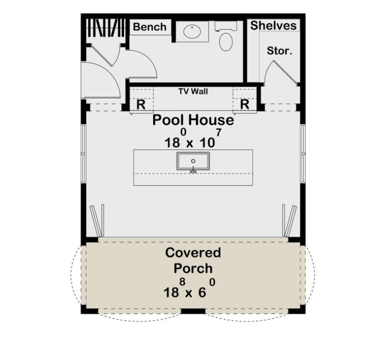 Mediterranean Pool House Plan - 467 Square Feet, 0.5 Bathroom | Floor ...