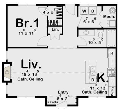 Cottage Plan: 843 Square Feet, 1 Bedroom, 1 Bathroom - 963-00979