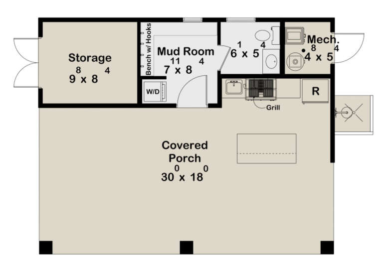 Modern Farmhouse Pool House Plan - 116 Square Feet, 0.5 Bathroom ...