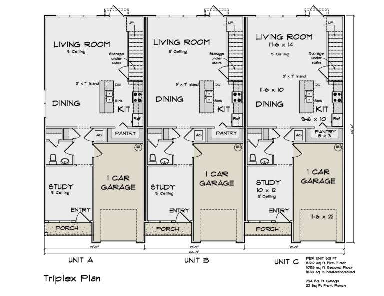 Traditional Triplex Plan - 1,853 Square Feet, 3 Bedrooms, 2.5 Bathrooms ...