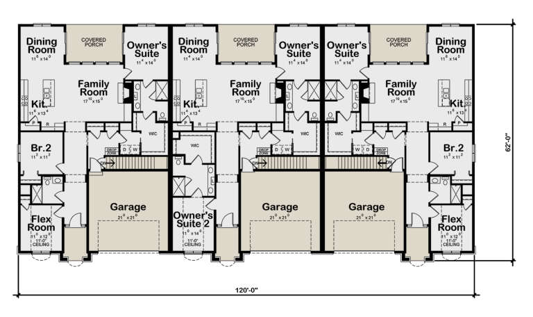 Traditional Triplex Plan - 1,742 Square Feet, 2 Bedrooms, 2 Bathrooms ...