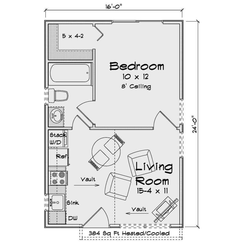 Cottage Plan - 384 Square Feet, 1 Bedroom, 1 Bathroom | Floor Plan ...