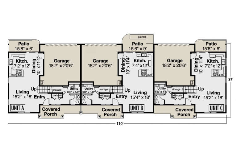 Craftsman Triplex Plan - 1,630 Square Feet, 3 Bedrooms, 2.5 Bathrooms | Floor Plan #035-01131 ...