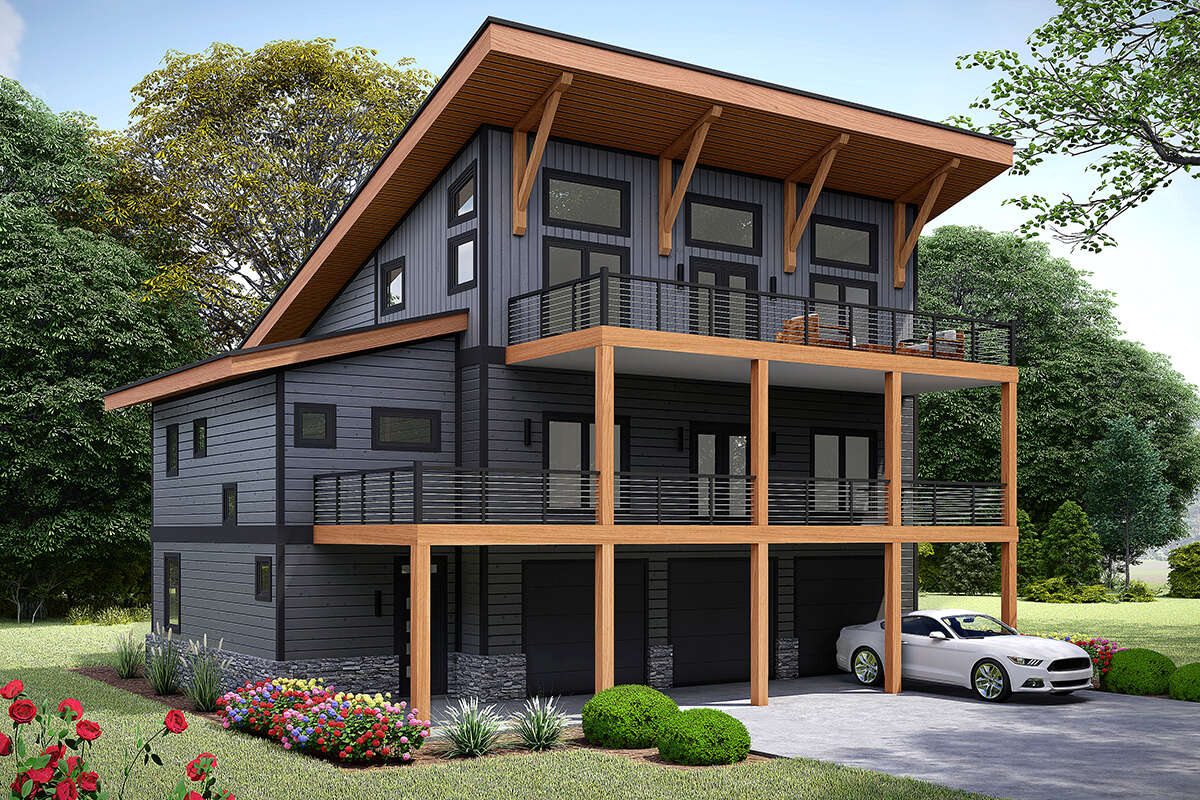 3 Car Garage House Plans Porches Modern Plan: 3,009 Square Feet, 3 4