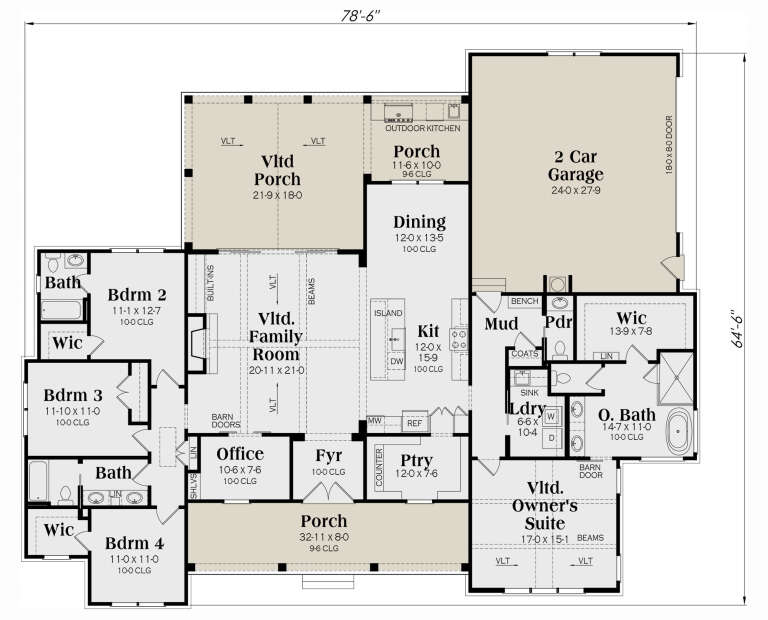 Modern Farmhouse Plan: 2,593 Square Feet, 4 Bedrooms, 3.5 Bathrooms - 009-00438