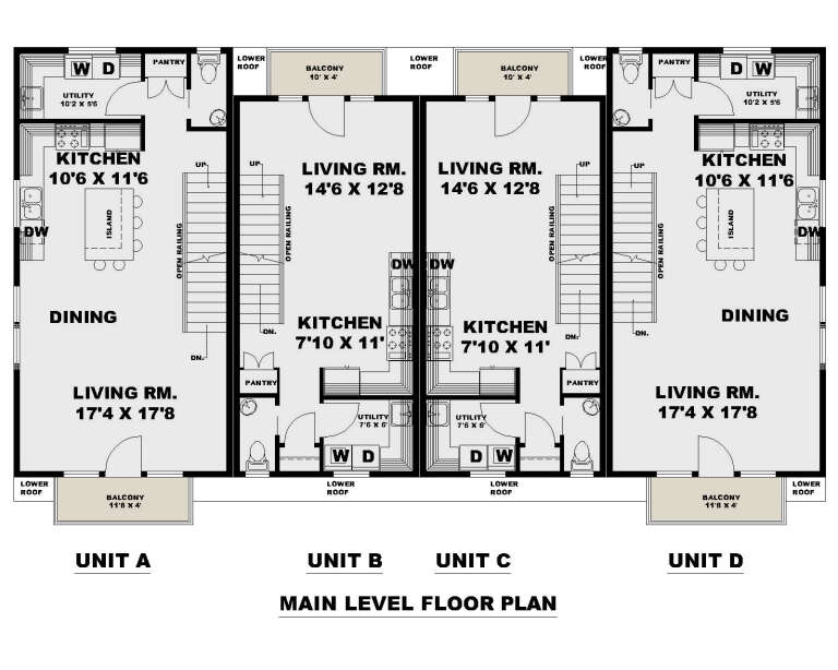 Traditional Fourplex Plan - 1,222 Square Feet, 2-3 Bedrooms, 3 ...
