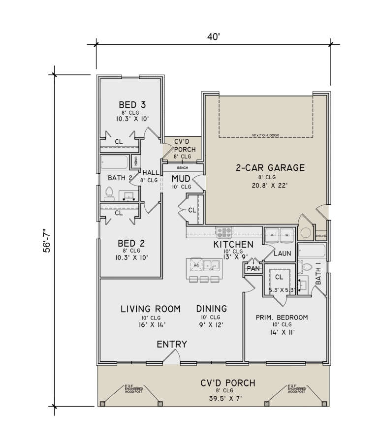 Country Plan - 1,330 Square Feet, 3 Bedrooms, 2 Bathrooms | Floor Plan ...