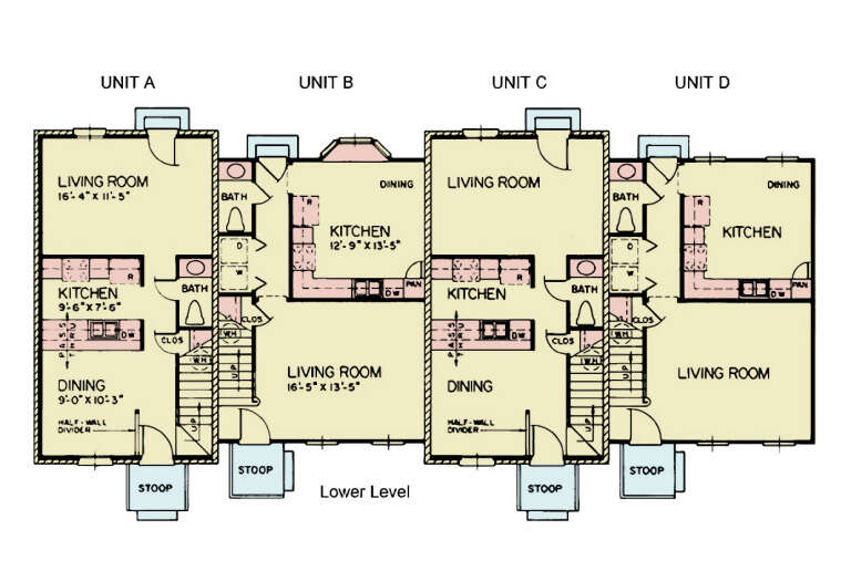Traditional Fourplex Plan - 1,138 Square Feet, 2 Bedrooms, 1.5 ...