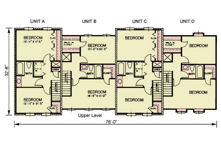 Traditional Fourplex Plan - 1,138 Square Feet, 2 Bedrooms, 1.5 ...