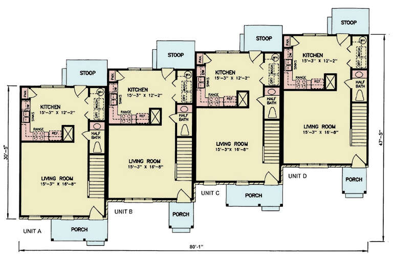 Traditional Fourplex Plan - 1,191 Square Feet, 2 Bedrooms, 2.5 ...